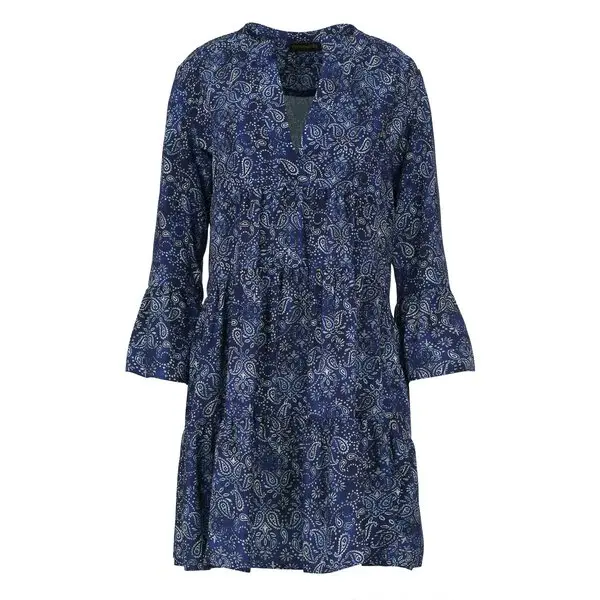 CONQUISTA Paisley A Line Dress With Bell Sleeves - Blue