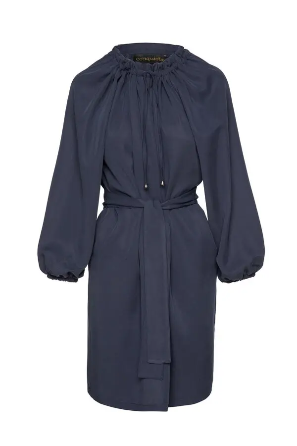 CONQUISTA Belted Navy Dress With Pockets - Blue