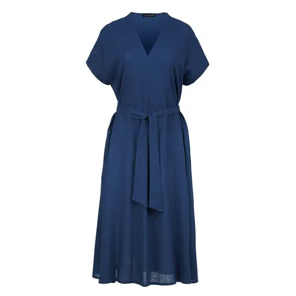 CONQUISTA Linen Style Belted Midi Dress - Blue