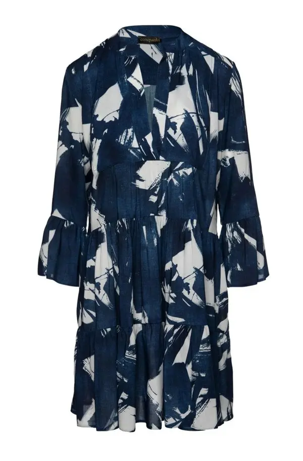 CONQUISTA Navy & White A Line Dress With Bell Sleeves - Blue
