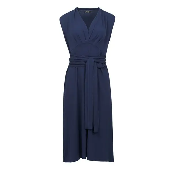CONQUISTA Sleeveless V-neck Jersey Dress With Wrap Belt Navy - Blue