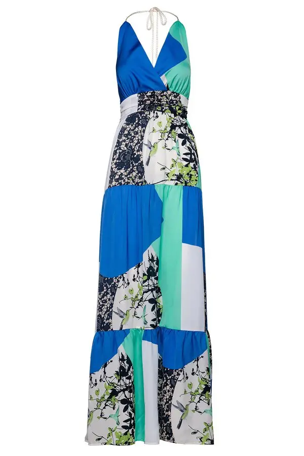 CONQUISTA Maxi Empire Line Patchwork Dress Fashion - Blue