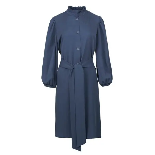 CONQUISTA Belted Long Sleeve Indigo Dress - Blue