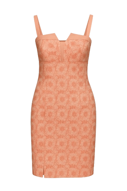 CONQUISTA Elegant Coral Jacquard Dress With Structured Notch Neckline - Orange