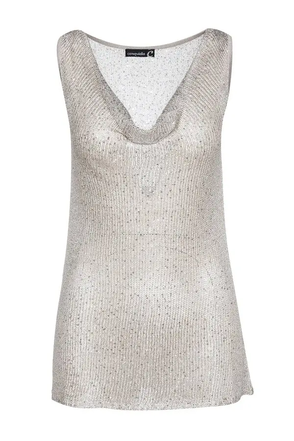 CONQUISTA Cowl Neck Sequin Detail Top - Grey