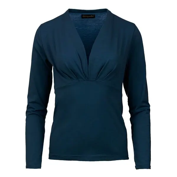CONQUISTA Navy Blue Long Sleeve Faux Wrap Top In Stretch Jersey Sustainable Fabric - Green