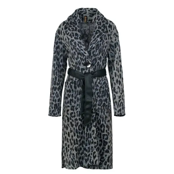 CONQUISTA Animal Print Wool Blend Long Coat With Faux Leather Belt - Black