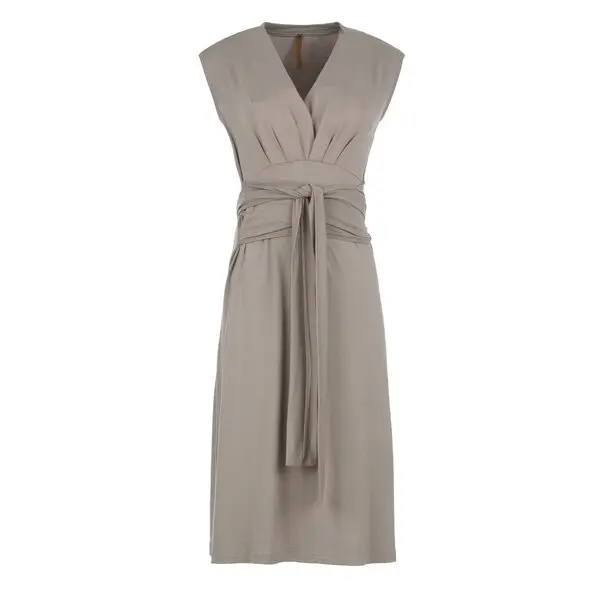 CONQUISTA Elegant Taupe Wrap Midi Dress In Jersey - Grey