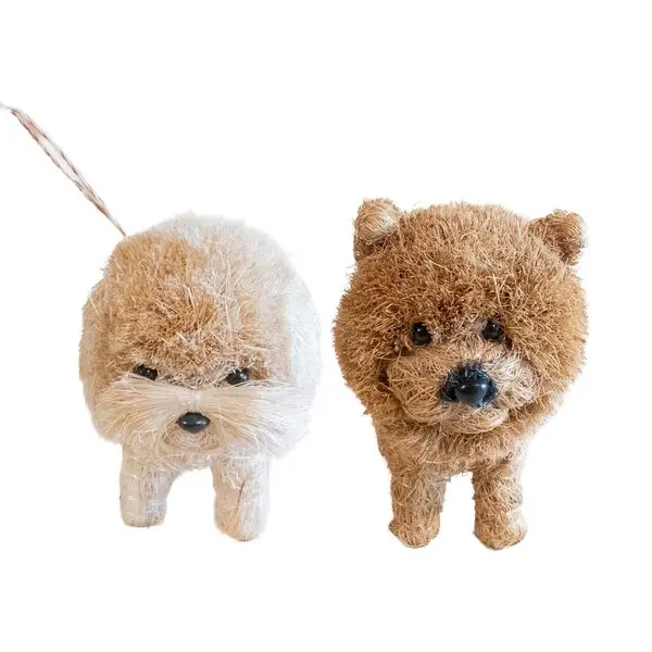 Likhâ Brown / White Fluffy Breed Duo Ornament Set Chow Chow & Poodle, Handmade Coco Coir