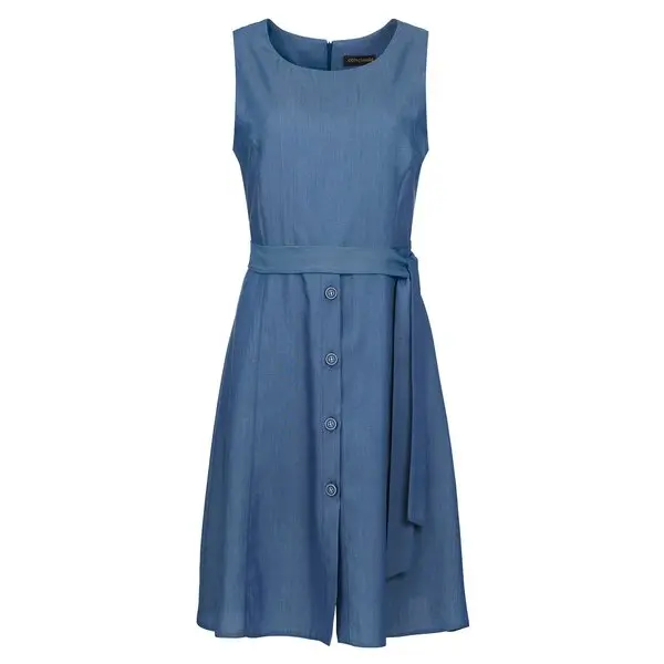 CONQUISTA Sleeveless Dress With Belt & Button Detail - Blue