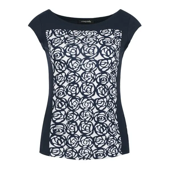 CONQUISTA Elegant Floral Patterned Fitted Cap Sleeve Top - Blue