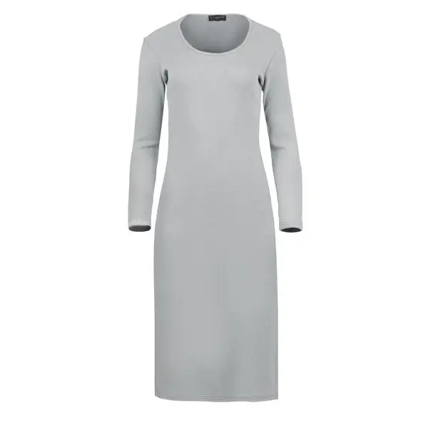 CONQUISTA Long Sleeve Round Neck Midi Dress In Ribbed Cotton-elastane Gray With Side Slits - Grey