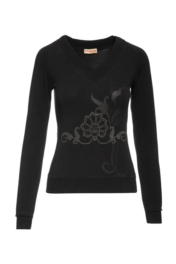 CONQUISTA Long Sleeve Top With A Silver & Print - Black