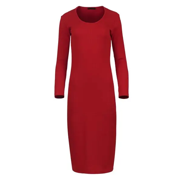 CONQUISTA Long Sleeve Round Neck Midi Dress In Ribbed Cotton-elastane - Red