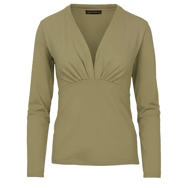 CONQUISTA Olive Long Sleeve Faux Wrap Top In Stretch Jersey Sustainable Fabric - Green