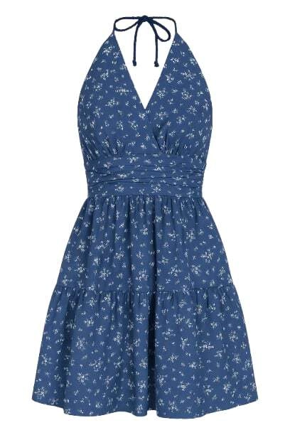 CONQUISTA Indigo Floral Empire Line Mini Dress - Blue