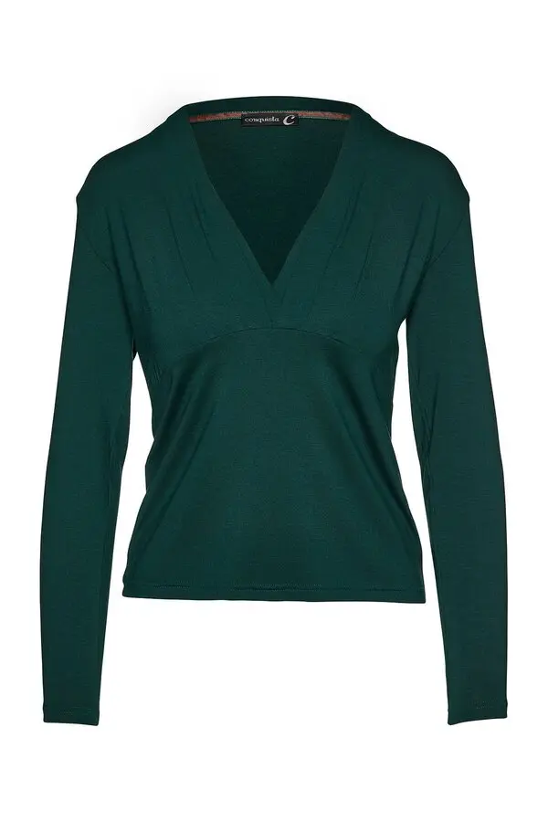 CONQUISTA Long Sleeve Faux Wrap Top In Stretch Jersey Sustainable Fabric - Green