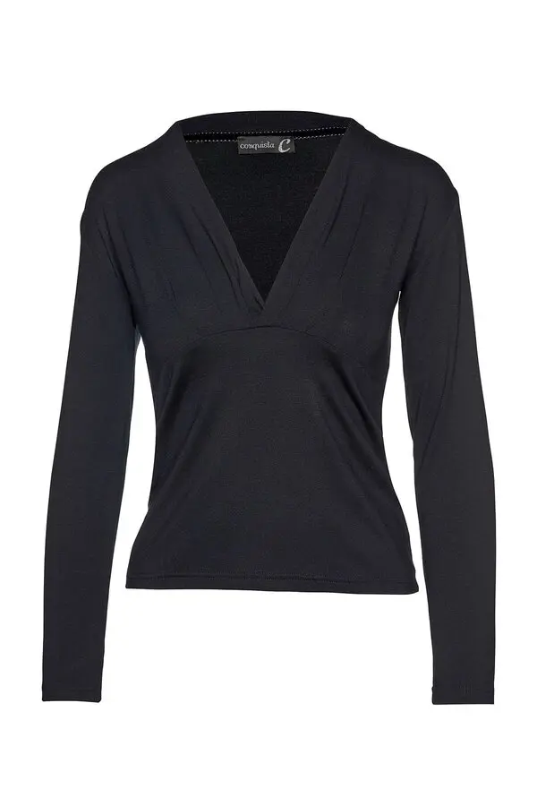 CONQUISTA Elegant V-neck Long Sleeve Top – Heavy Jersey Stretch Blouse - Black