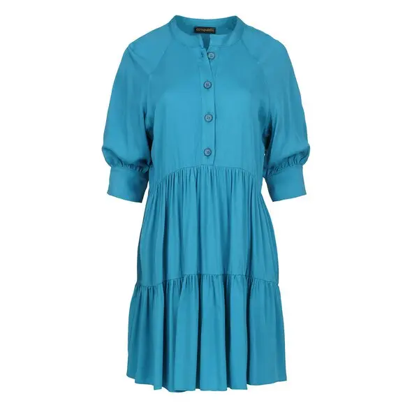 CONQUISTA Loose Dark Turquoise Ruffle Dress - Blue
