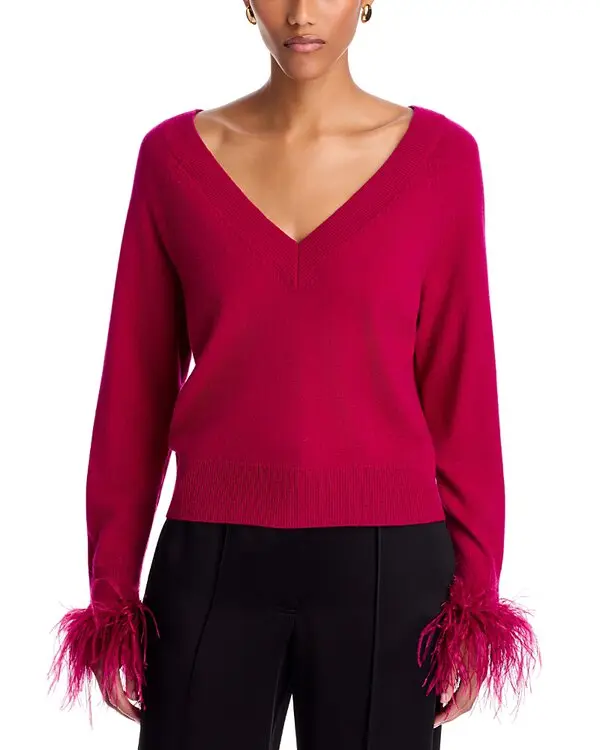 MILLY Feather Cuff V-neck Sweater - Magenta