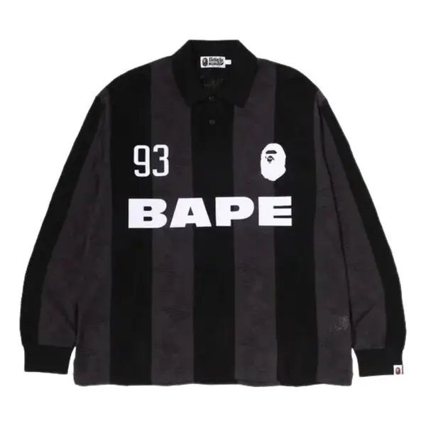A BATHING APE Stripe Pattern Jacquard Multi Logo Long Sleeve Polo Shirt - Black