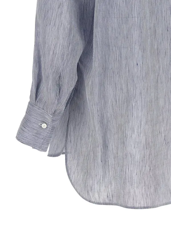 Brunello Cucinelli Hooded Shirt With Drawstring And Micro Stripes - Blue