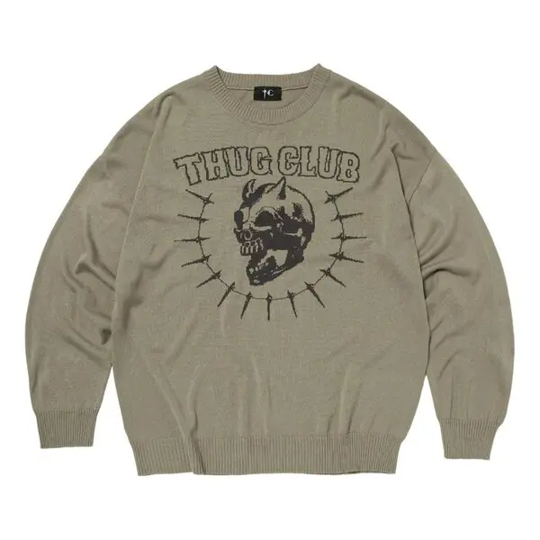 THUG CLUB Riding Skull Knit Sweater - Beige