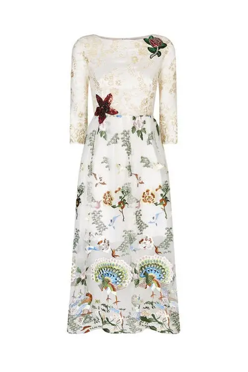 SKYLENCE Qiaochu Embroidered Peacock Dress - White