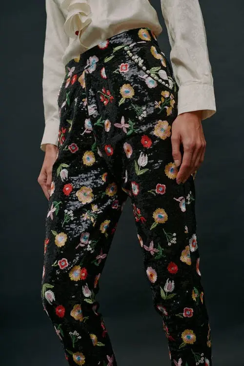 SKYLENCE Embroidered Floral Sequin Trousers