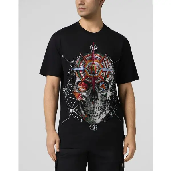 Philipp Plein Round Neck T-shirt Wind Rose Skull Stones - Black