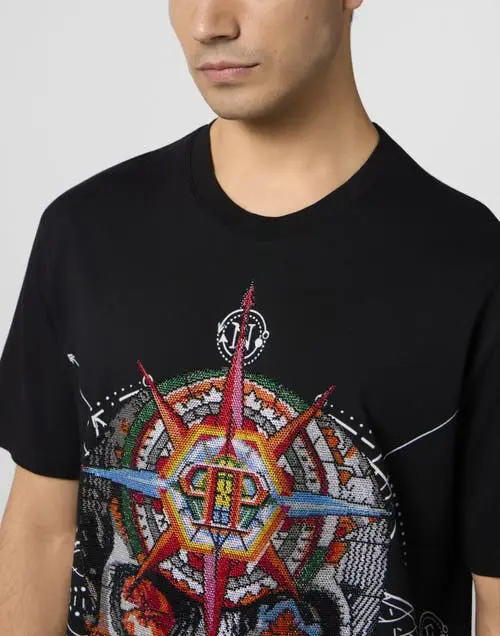 Philipp Plein Round Neck T-shirt Wind Rose Skull Stones - Black