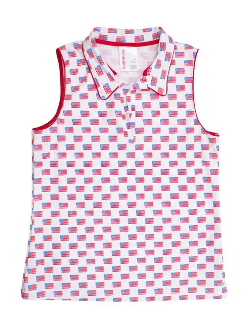 RUFFLEBUTTS Upf 50+ Sleeveless Polo Active Top - Freedom Flags