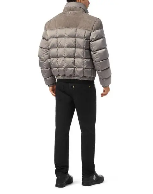 BILLIONAIRE Puffer Down Jacket With Leather Inserts - Grey