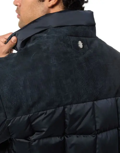 BILLIONAIRE Puffer Down Jacket With Leather Inserts - Navy
