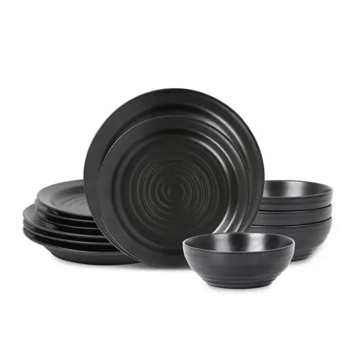 STONE + LAIN Orbit Stoneware 12-piece Dinnerware Set With Cereal Bowls - Charcoal
