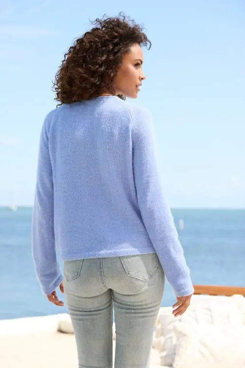 LASCANA Fuzzy V-neck Sweater - Blue Heather