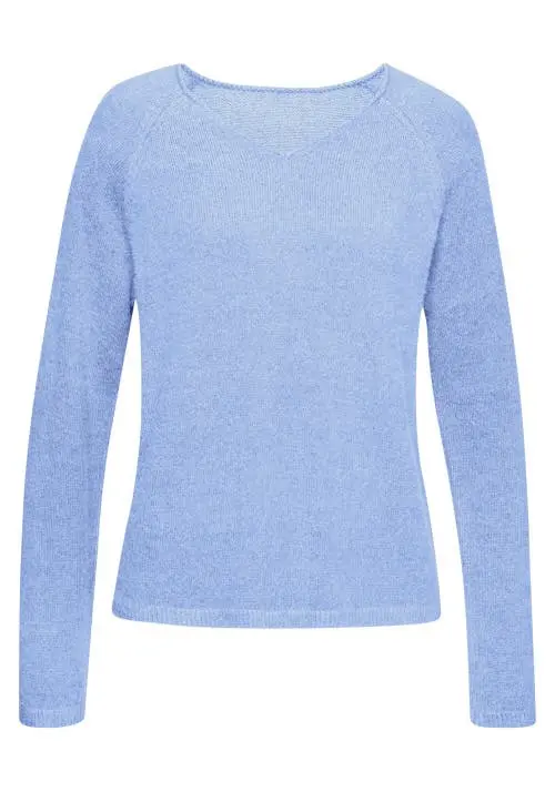 LASCANA Fuzzy V-neck Sweater - Blue Heather