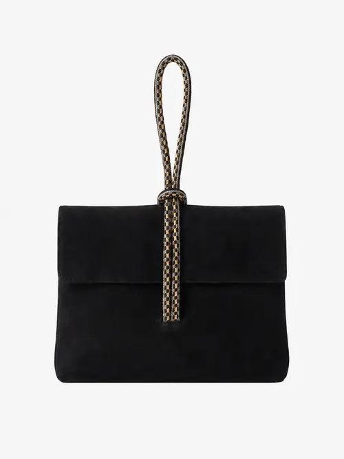 MINE BILGI Marissa Suede Leather Handbag With Suzani Knot Handle - Black