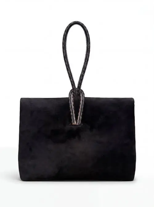 MINE BILGI Marissa Suede Leather Handbag With Suzani Knot Handle - Black