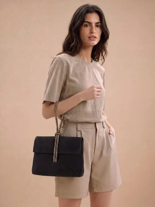 MINE BILGI Marissa Suede Leather Handbag With Suzani Knot Handle - Black