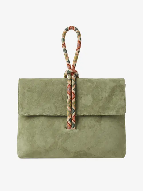 MINE BILGI Marissa Suede Leather Handbag With Suzani Knot Handle - Green
