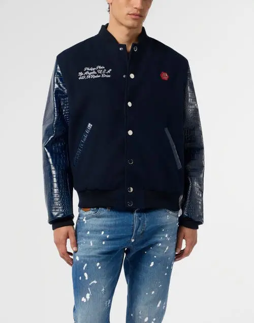 Philipp Plein Varsity Bomber Cocco Sleeves Los Angeles - Navy
