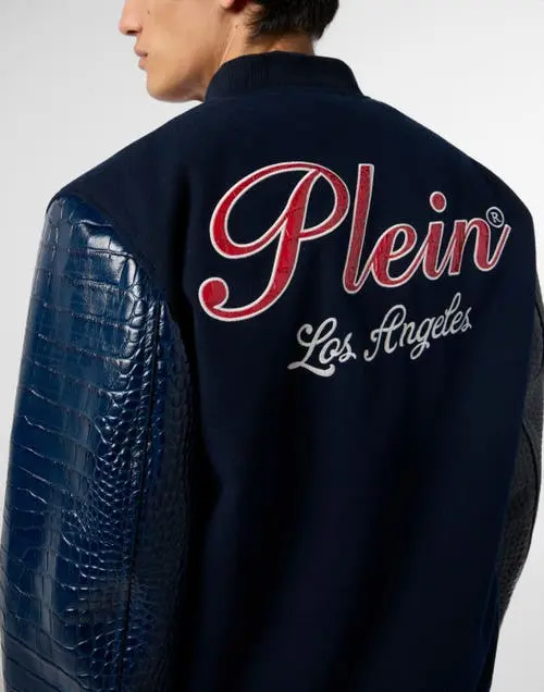 Philipp Plein Varsity Bomber Jacket With Croco-print Leather Sleeves