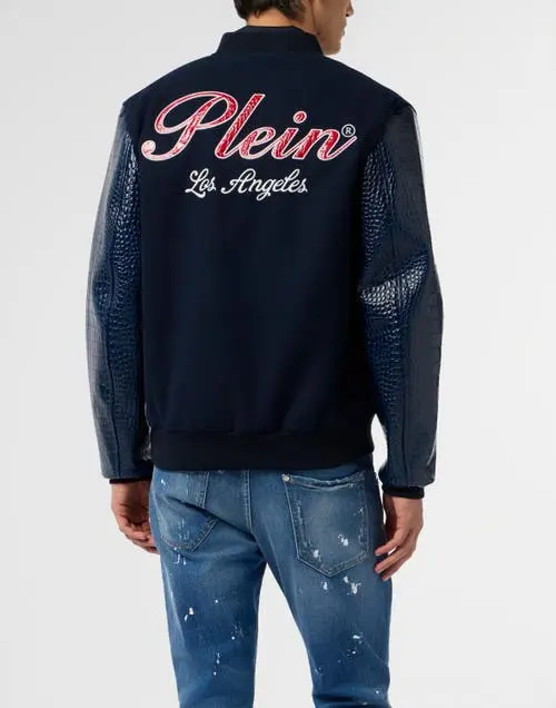 Philipp Plein Varsity Bomber Jacket With Croco-print Leather Sleeves