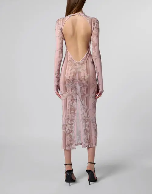Philipp Plein Tulle Maxi Dress With Open Back And Butterfly Tattoo Print