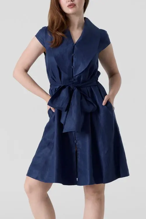LE FAFO Linen Waist Tie Short Dress - Navy Blue