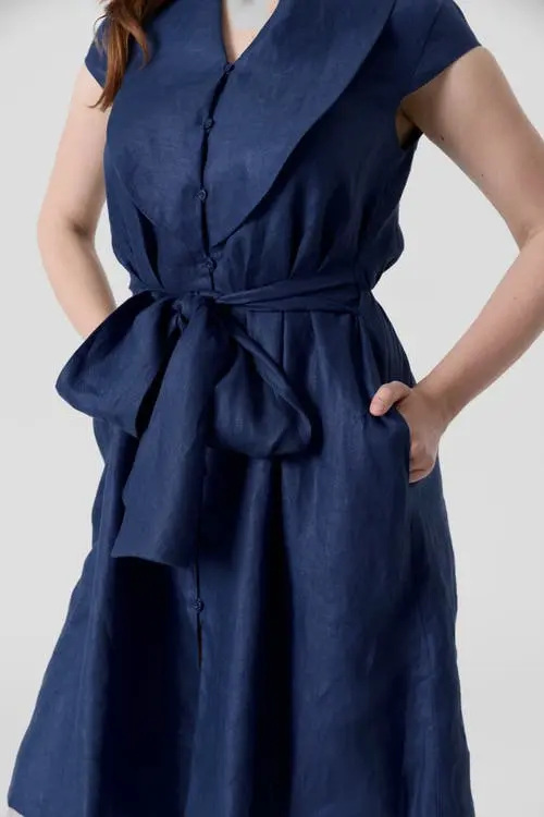 LE FAFO Linen Waist Tie Short Dress - Navy Blue