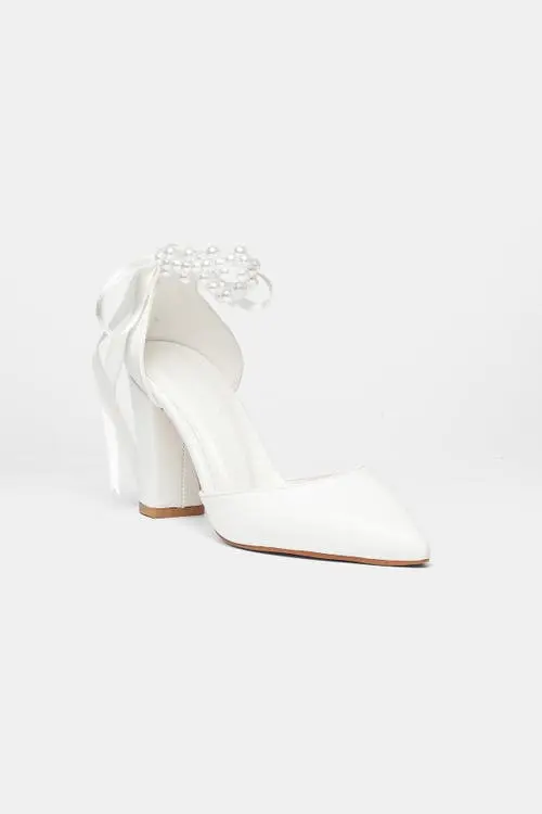 PROLOGUE SHOES Zia Ribbon Block Heel Bridal Pump - Ivory