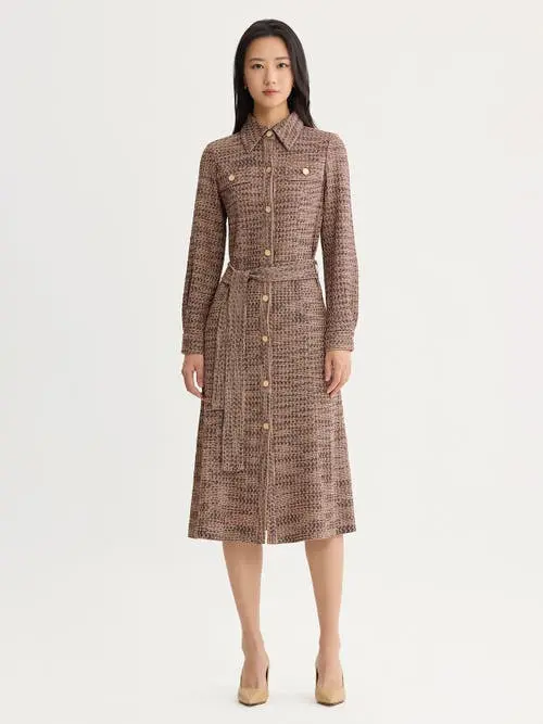 Misook Belted Button Front Tweed Knit Midi Dress