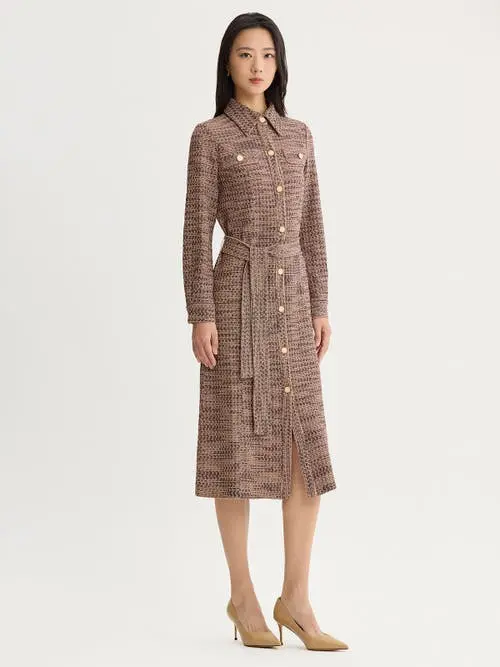 Misook Belted Button Front Tweed Knit Midi Dress